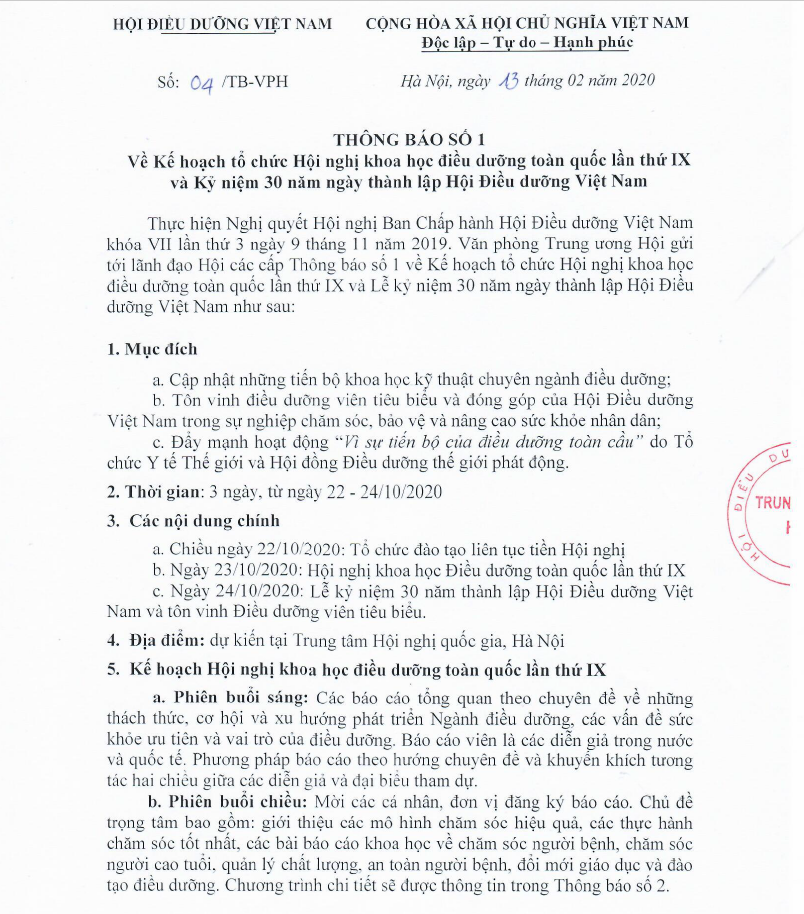 Thông báo số 1 về Kế hoạch tổ chức HNKH điều dưỡng toàn quốc lần thứ IX ...